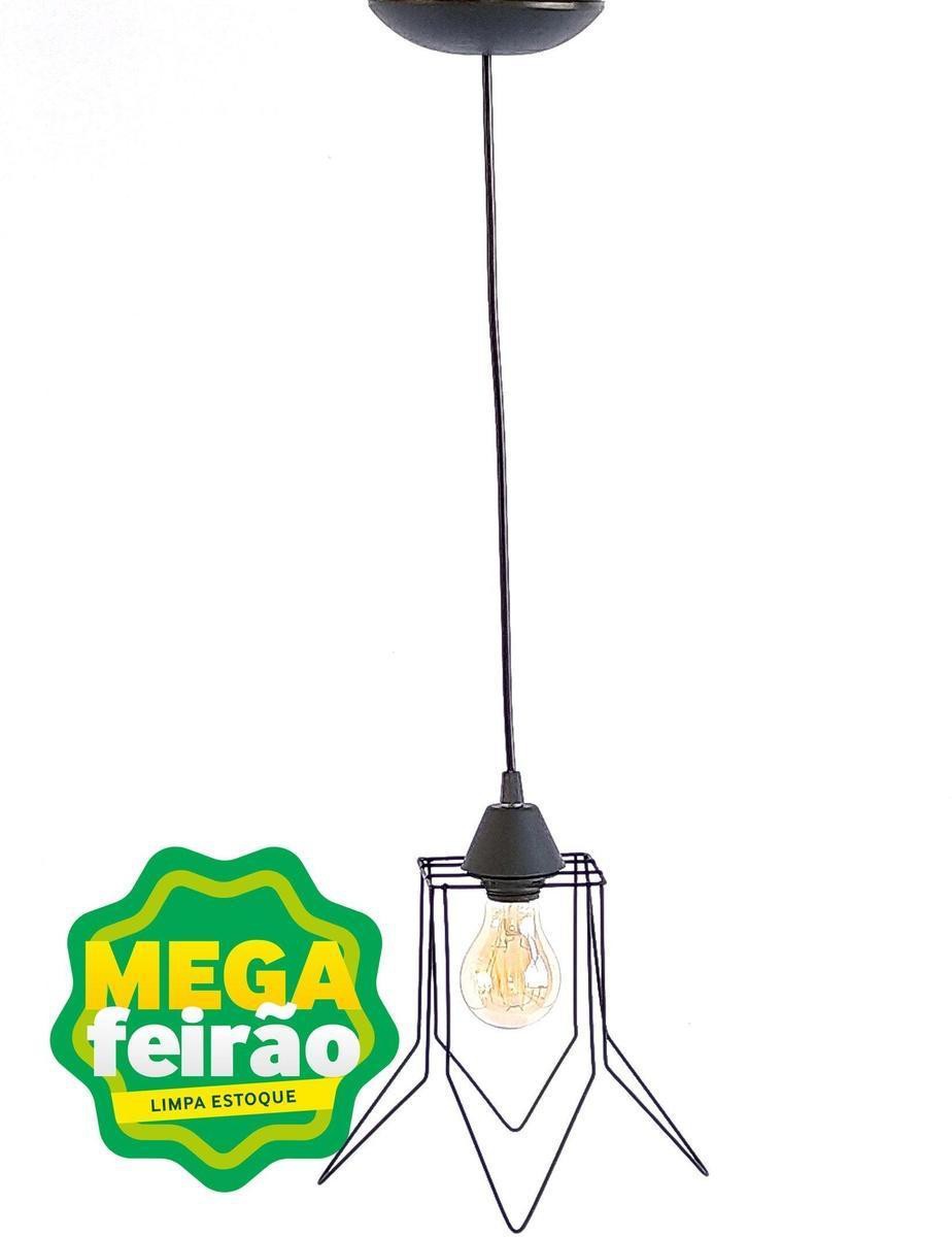 Pendente 1 Lâmpada Lis Cônico 30W Aço Emalustres Preto Bivolt